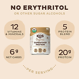 KOS Vegan Protein Powder, Chocolate Peanut Butter - Low Carb Pea Protein Blend, USDA Organic Superfood with Vitamins & Minerals - Keto, Soy, Dairy Free - Meal Replacement for Women & Men - 10 Servings