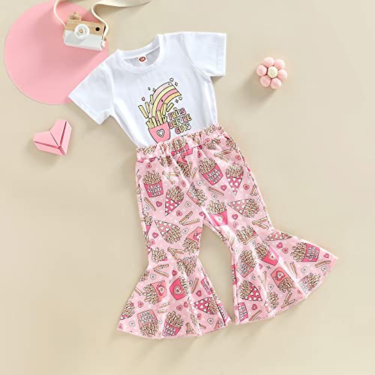 Toddler Baby Girls Valentine's Day Outfit Casual Short Sleeve T-Shirt Tops Heart Fries Flare Pants Bell Bottoms Clothes (Pink, 4-5 Years)