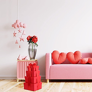 Clabby Square Nesting Gift Boxes with Lid Christmas Rigid Gift Box, 4 Assorted Sizes Boxes for Presents with 1 Roll Ribbon for Valentines Bridal Bridesmaid Wedding Anniversary Favor (Red)