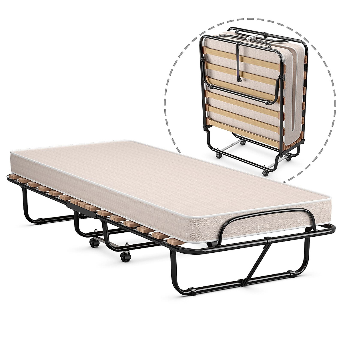 GOFLAME Rollaway Beds with Memory Foam Mattress, Folding Bed Cot Size for Adults, Portable Guest Beds with Sturdy Metal Frame for Spare Bedroom & Office