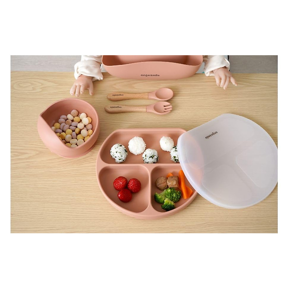 Baby Feeding Essentials Silicone Ange Smile 12 Set Bib, Baby Bowl, Suction Plate, Spoon, Fork Eating Utensils for 6+ Months Kids Toddler Kawaii Pink Peach