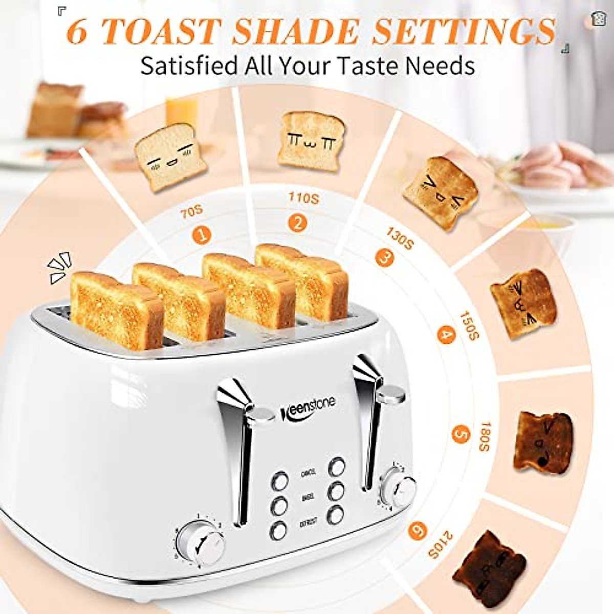 Toaster 4 Slice Stainless Steel Toaster with Bagel, Cancel, Defrost Function, Keenstone 4 Slice Toaster with Removable Crumb Tray, 4 Extra Wide Slots, 6 Shade Settings, White