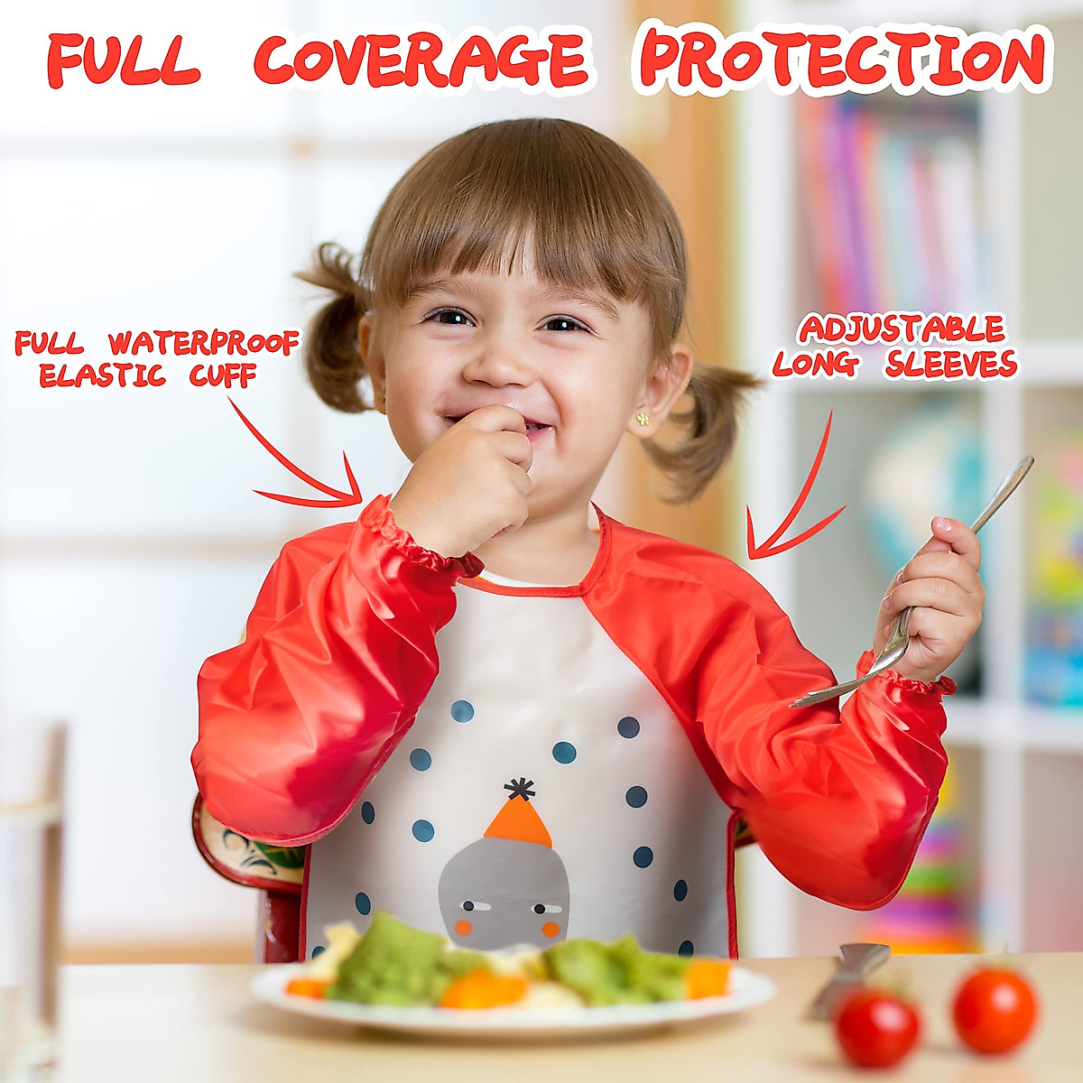 R HORSE 5Pcs Long Sleeved Bib for Babies Toddlers Waterproof Sleeved Bib with Great Capacity Pocket Cartoon Baby Bib Infants Feeding Bibs with Elephant Bear Fox Pattern for Baby Shower Age 6-36 months