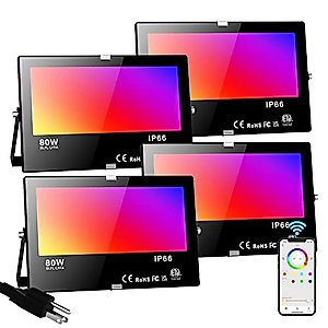 LED Flood Light Outdoor 800W Equivalent, Bluetooth Smart Color Change Landscape Lighting, DIY-Scene+RGB Colors+Warm White 2700K - APP & Group Control & Timing, IP66 Waterproof US 3-Plug Up Light 4Pack