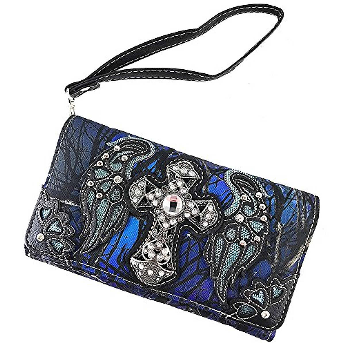 Justin West Camouflage Tree Branches Bling Rhinestone Cross Wings Handbag Purse Messenger Bags and Wallets (Blue Cross Handbag and Wallet)