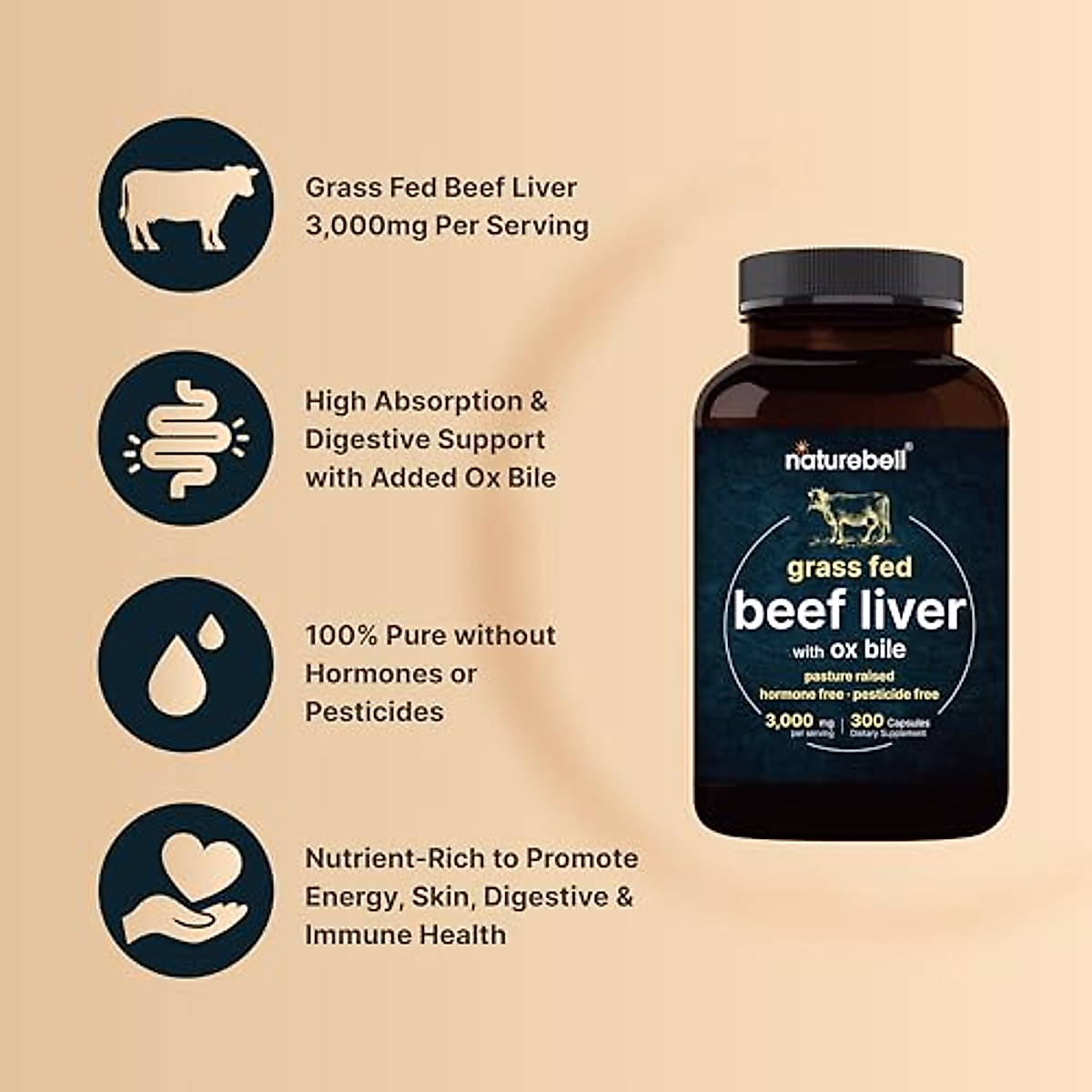 Grass Fed Beef Liver Capsules with Ox Bile, 3000mg Per Serving 300 Count | Natural Iron, Vitamin A & B12 | Supports Energy Production, Digestion & Immunity | Hormone & Pesticide Free