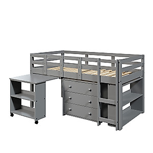 CARTESIAN Grey Solid Wood Twin Kids Low Loft Bed Frame with Rolling Desk, Drawers and Shelves