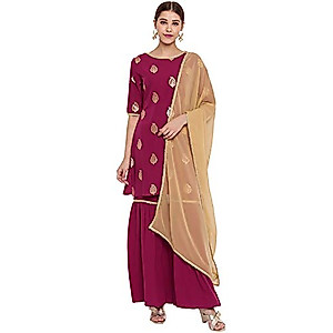 Janasya Indian Women's Magenta Poly Crepe Kurti With Sharara And Dupatta(SET250-KR-SHA-M)