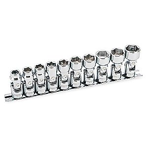 Powerbuilt Universal Socket Set, Metric 10 Piece 3/8 Inch Drive 6 Point, Swivel Head, 360 Degree Rotation, 10mm to 19mm, Storage Rail, 741715
