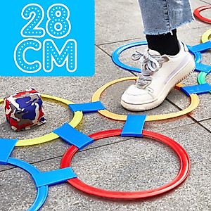 Hopscotch Game Outdoor Games for Kids 10 Plastic Rings 5 Colored and 18 Connectors 4 Bean Bags Indoor or Outdoor Game Obstacle Course for Kids Training (Circle)