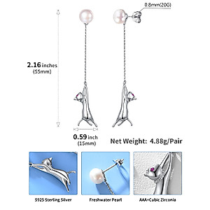 Kitten Drop Earrings for Women Elegant Pearl Stud 925 Sterling Silver Cat Dangle Earrings
