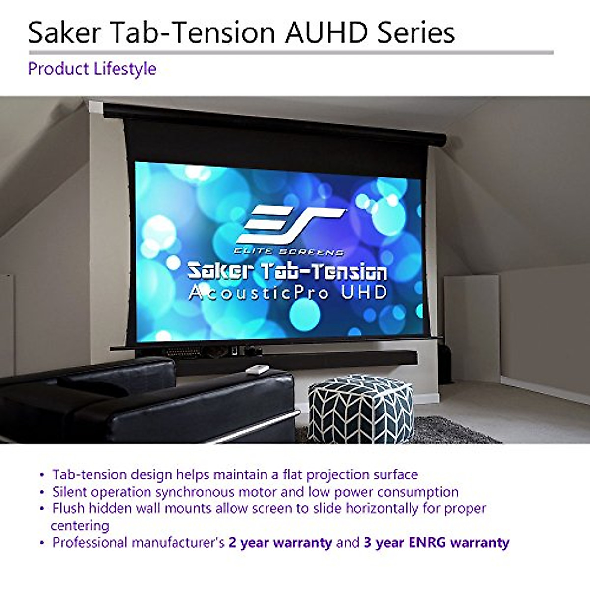 Elite Screens Saker Tab-Tension AcousticPro UHD Series, 100" Diagonal 16:9, 4K/8K Ultra HD Electric Sound Transparent Perforated Weave Drop Down Front Projector Screen, SKT100UH-E24-AUHD