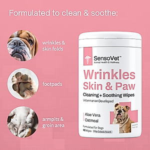 SensoVet Wrinkles, Skin & Paw Grooming Wipes for Dogs - Natural Aloe Vera & Oatmeal (60 Large Wipes)