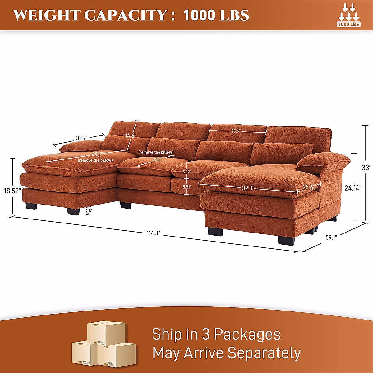 OUYESSIR 114" U Shape Sectional Sofa Cloud Couch for Living Room, Upholstery Comfy Modular Sofa, 4 Seat Chenille L-Shaped Sleeper Sofa with Chaise Lounge, Ottoman & Pillows,Orange