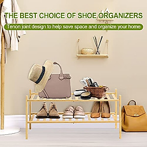 WANGMUXIA 2-Tier Bamboo Shoe Rack，Free Standing Shoe Racks Stackable Shoe Rack，Entryway，Hallway, Bathroom and Living Room，Multifunctional Bamboo Rack in Different Combinations (2-Tier)