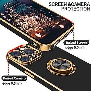 BENTOBEN iPhone 14 Pro Max Case, Slim Lightweight 360° Ring Holder Kickstand Support Car Mount Shockproof Women Men Non-Slip Protective Case for iPhone 14 Pro Max 6.7", Black/Gold