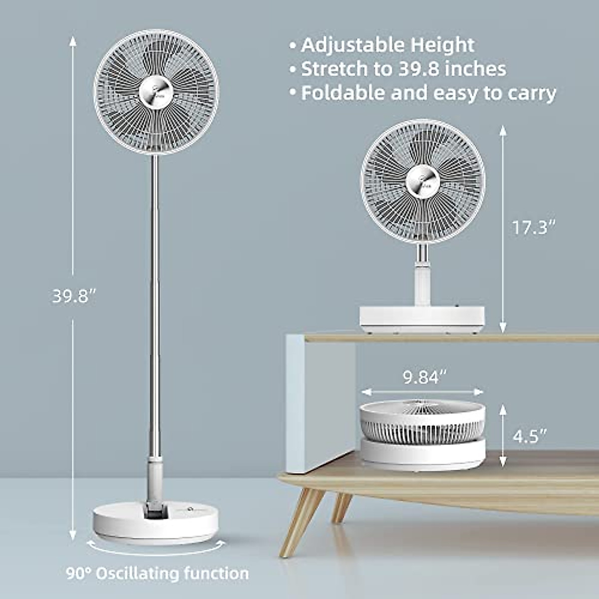 CooCoCo 10" Foldable Portable Fan, 7200mAh Battery Operated Rechargeable Fan, Height Adjustable Oscillating Fan with Remote Control Standing Fan for Bedroom,Cordless Quiet Travel Fan, Home, Office