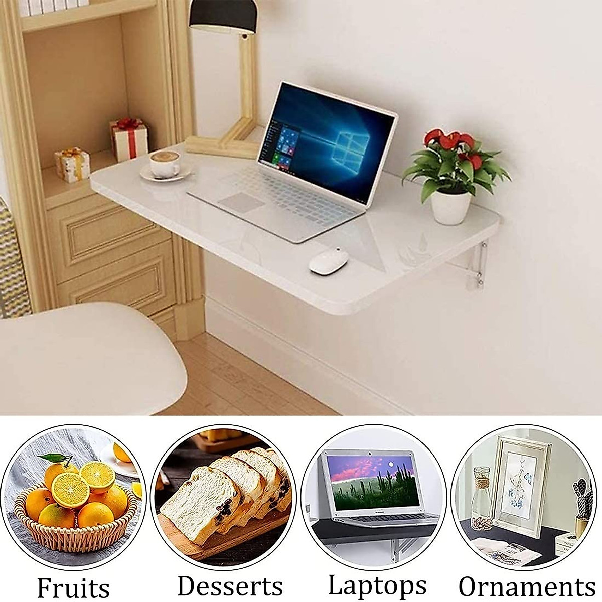 Laundry Folding Table, Wood Wall Mounted Table, Bracket Heavy Duty Stable Sturdy Wall Table, Floating Folding Table, Sturdy Hanging Table for Apartment, Study, Bedroom Kitchen Room Restaurant ( Color