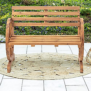 FDW Wooden Wagon Wheel Bench Outdoor Patio Furniture Lounge Furniture 2-Person Seat Bench for Backyard, Patio Garden Rustic Country Design w/Slatted Seat and Backrest,Log Color