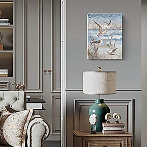 Beach Wall Art Bathroom Decor Ocean Theme Canvas Print Coastal Painting Perching Bird by The Sea Shore Abstract Seascape Picture Framed Artwork for Bedroom Living Room Office Ready to Hang 12x16inch