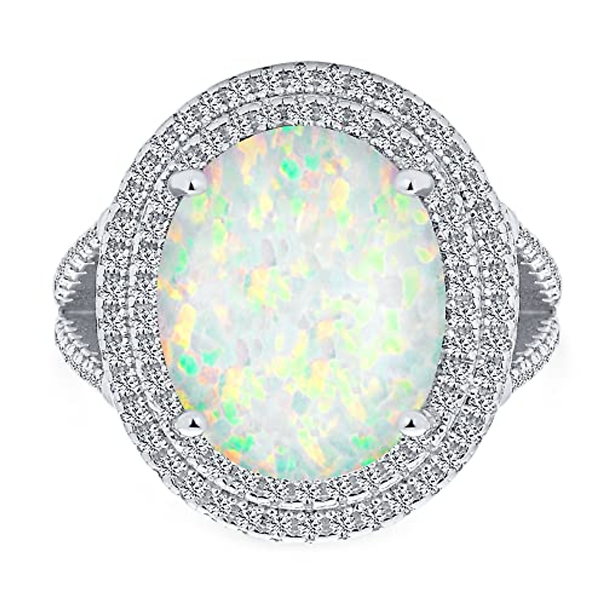 Personalize Vintage Style Gemstone Iridescent White Created Opal LARGE Oval Split Shank Pave CZ Accent Double Halo Statement Ring Women .925 Sterling Silver October Birthstone Customizable