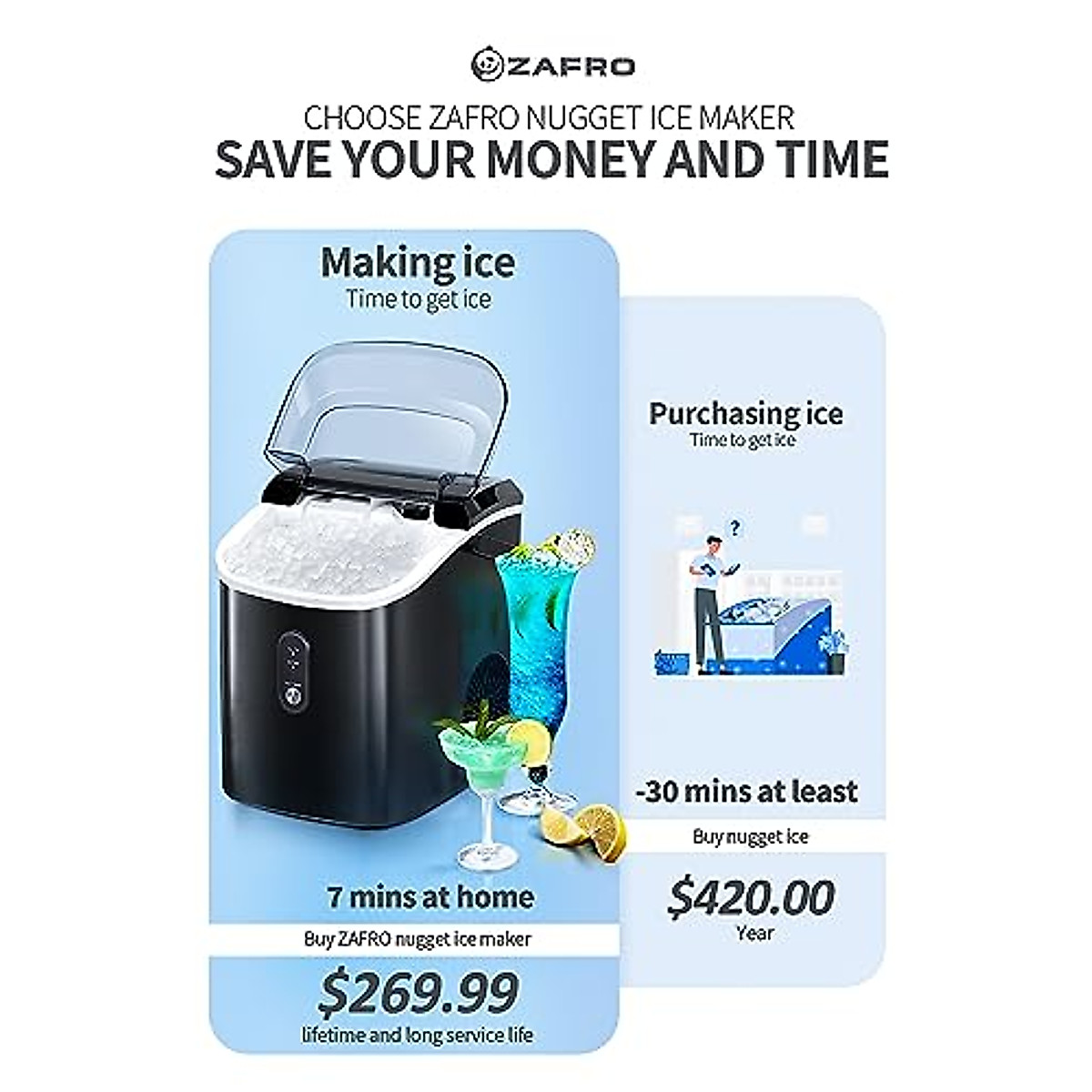 ZAFRO Nugget Ice Maker Countertop, Pebble Ice Maker Machine with Self-Cleaning, 35Lbs/24Hrs, Pellet Ice Maker with Ice Basket/Ice Scoop/Ice Bag for Home/Office/Bar/Party, Black