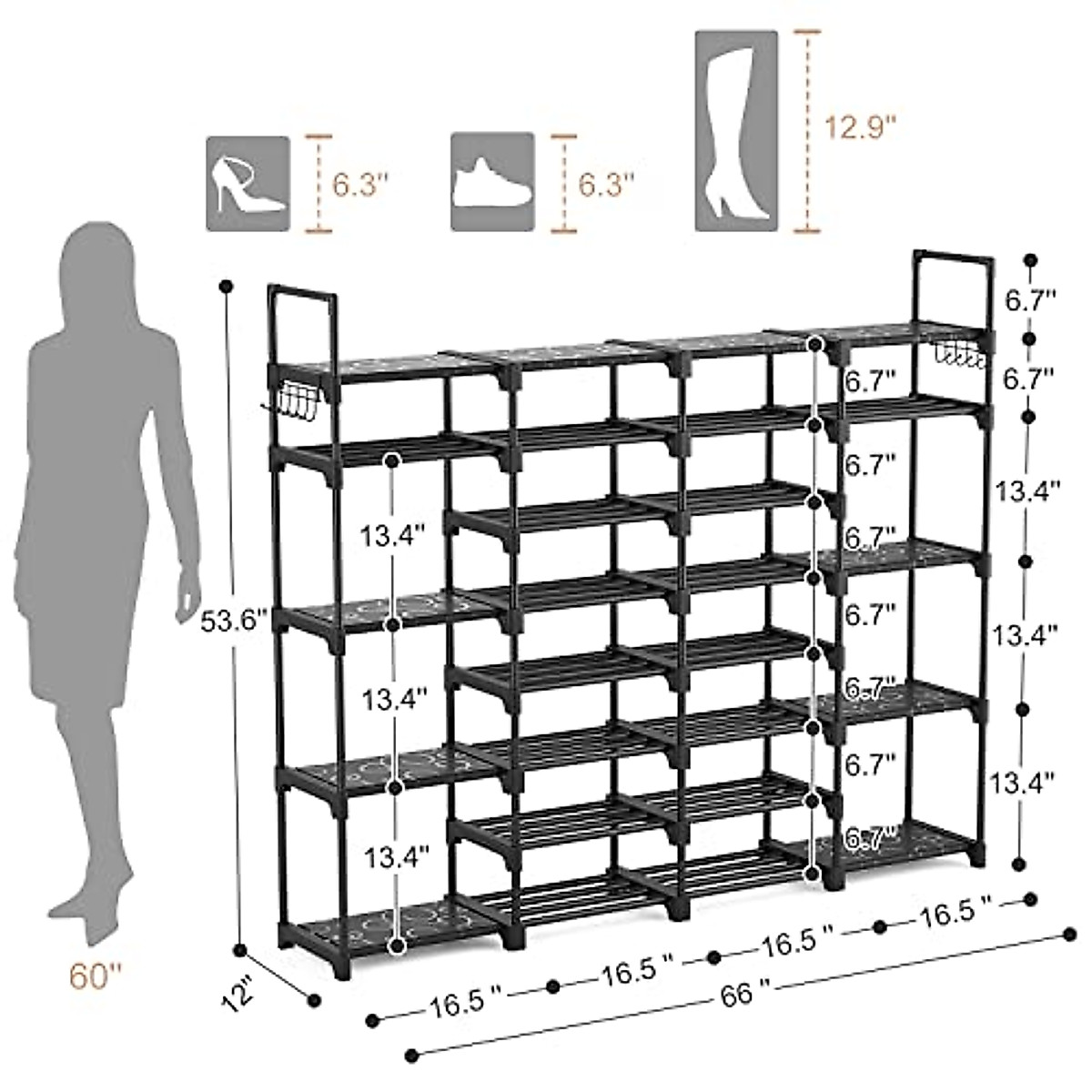 ROJASOP Large Shoe Rack Storage Organizer for Closet Entryway, 62-66 Pairs Sturdy Tall Shoe Rack for Closet with Side Hooks Garage Shoe Rack Stackable Boot Shoe Rack for Bedroom