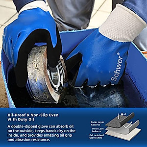 Schwer 3 Pairs Waterproof Work Gloves, Heavy Duty Gloves Sandy Nitrile Coated, Oil-Proof, Dirt-Proof Abrasion Resistant Gloves for Changing Oil, Vehicle Repair, Construction, HVAC, Cleaning (L)
