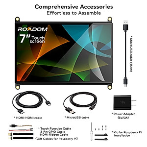 ROADOM 7’’ Raspberry Pi Screen, IPS1024×600,Responsive Smooth Touch,Dual Built-in Speakers,HDMI Input,Compatible with Raspberry Pi 5/4/3,Driver Free