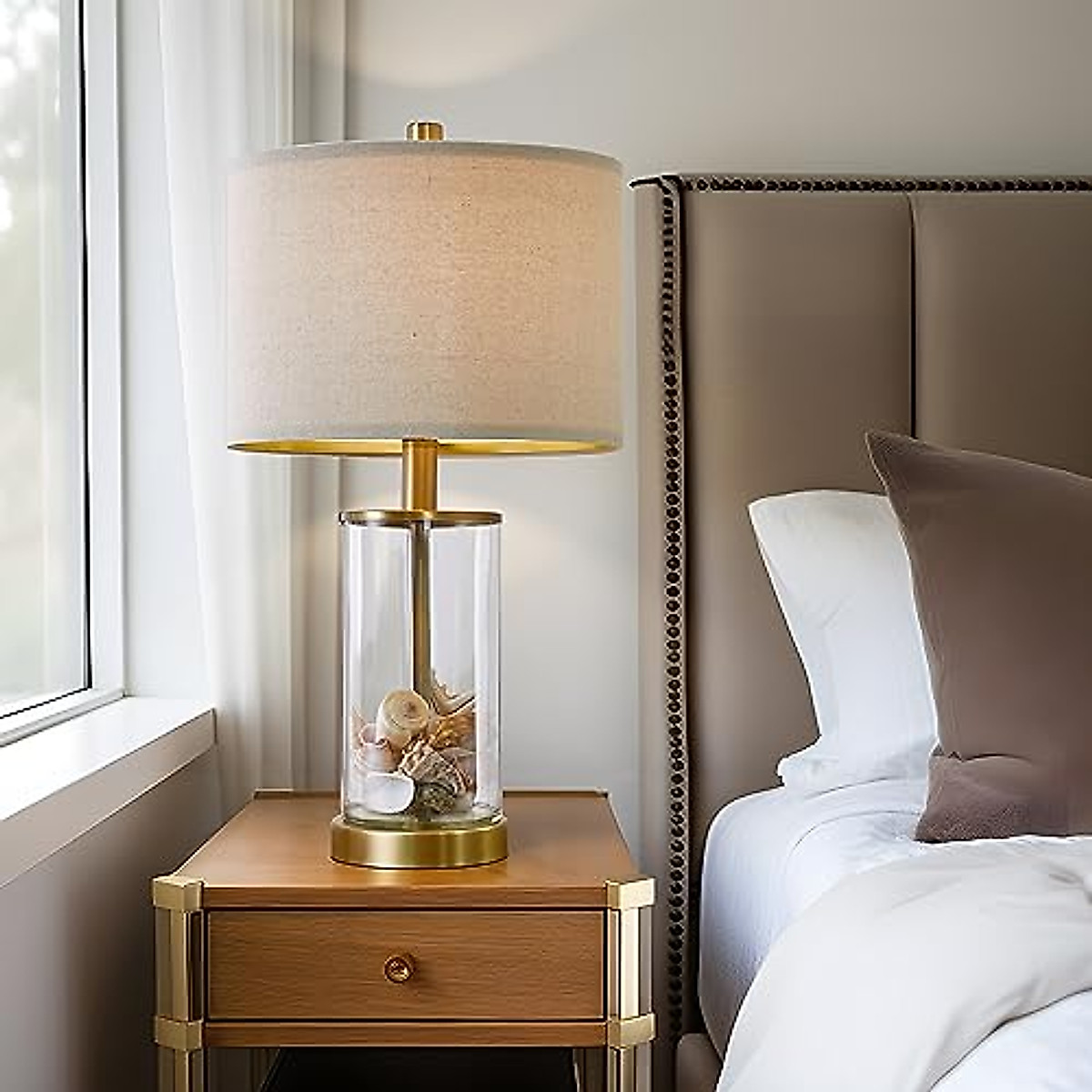 BOBOMOMO 20.2" Bronzer Table Lamp Set of 2 for Living Room Modern Lamp for Living Room Glass Nightstand Lamp with 1 USB Charging Ports, Nautical Lamp(Shell Not Included)