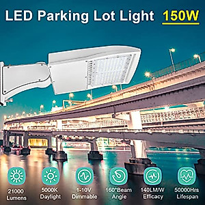 150W LED Parking Lot Light 21000 LM, 5000K 1-10V Dimmable LED Shoebox Pole Area Light (600W MH Equiv), Direct Arm Mount IP65 Waterproof 100-277V AC, UL&DLC, White (Direct Arm Mount, 150Watts)