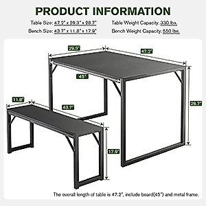IMUsee 3-Piece 47.2" Dining Table Set for 4-6,Heavy Duty Kitchen Table with Metal Frame and Wood Board, Kitchen & Dining Room Table Set with Benches, Space-Saving Dinette for Small Space,Grey&Black