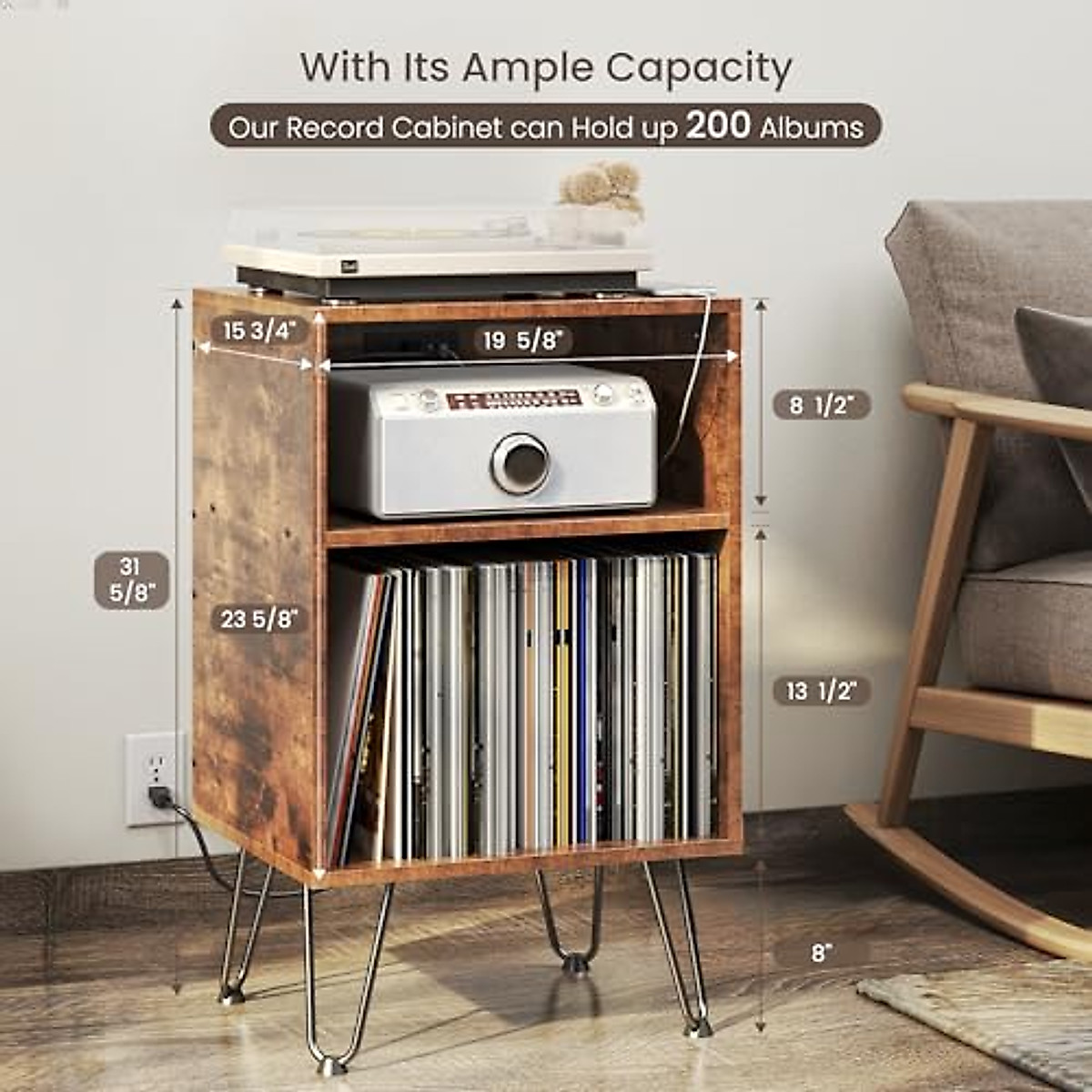 TC-HOMENY Record Player Stand with Charging Station & USB Ports, Turntable Stand Holds Up to 160 Albums, Vinyl Record Storage Stand with Metal Legs for Living Room, Bedroom, Office