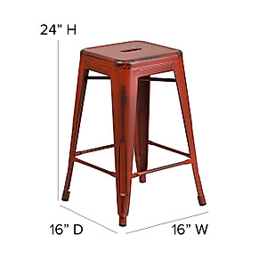 Flash Furniture Commercial Grade 24" High Backless Distressed Kelly Red Metal Indoor-Outdoor Counter Height Stool