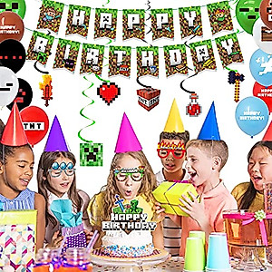 Pixel Style Gamer Birthday Party Supplies for Game Fans, 106 Pcs Miner Theme Birthday Party Decorations for Boys - Banner, Cake and Cupcake Toppers, Cupcake Wrappers, Balloons, Bracelets, Paper Glasses, Hanging Swirls, Invitation Cards.