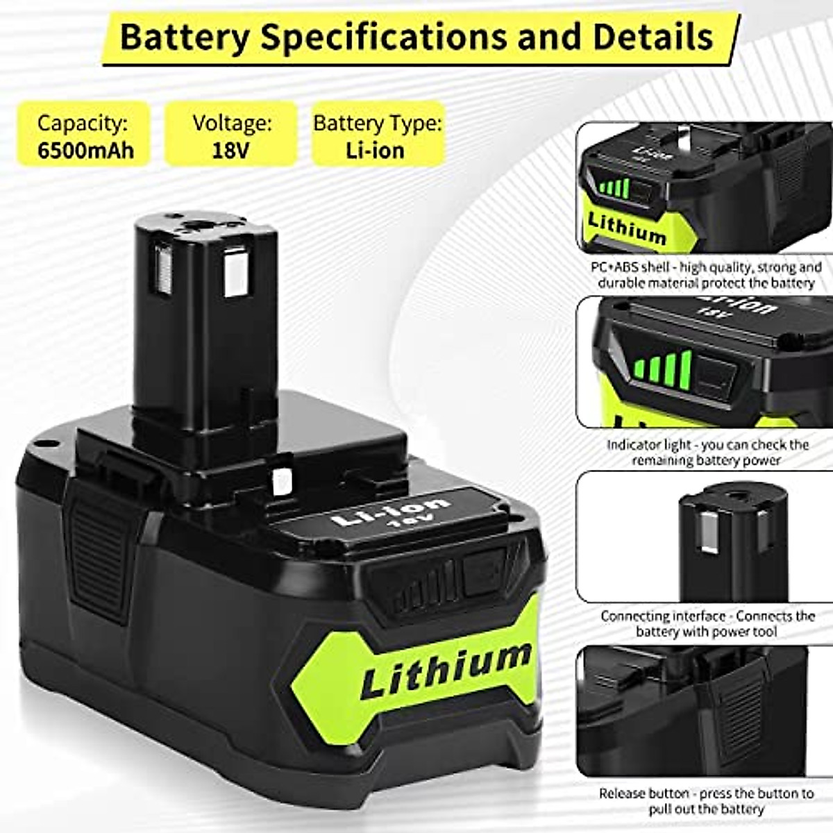 BiBiSi 6.5Ah P108 18 Volt Replacement Battery for Ryobi 18V Battery 2 Pack Cordless Tool Battery Packs Compatible with P102 P103 P104 P105 P107 P108 P109 P190 P122
