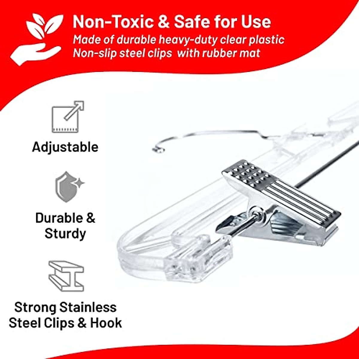 DEILSY Skirt Hangers Pants Hangers with Clips Clip Hangers Shorts Hangers Clear Plastic Clothes Hangers with 2-Adjustable Clip Non-Slip Clothes Hangers Clip Hangers Perfect for Pant, Pack of 12