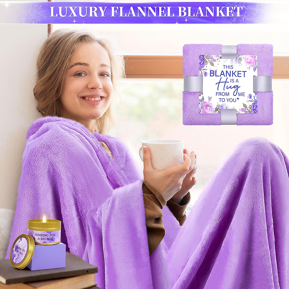 Birthday Gifts for Women -Purple Happy Birthday Gift Basket for Mom, Wife, Girlfriend, Sister, Her, Pillow/Blanket/Tote Bag/Self Care Package Get Well Soon Baskets for Women