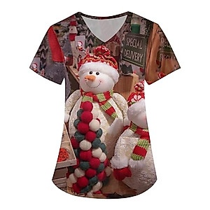 Christmas Mock Wrap Scrubs for Women Short Sleeve Medical Scrub V-Neck Soft Workwear Springy Tshirts Under Scrub Shirts Long Sleeve(3-Red,4X-Large)