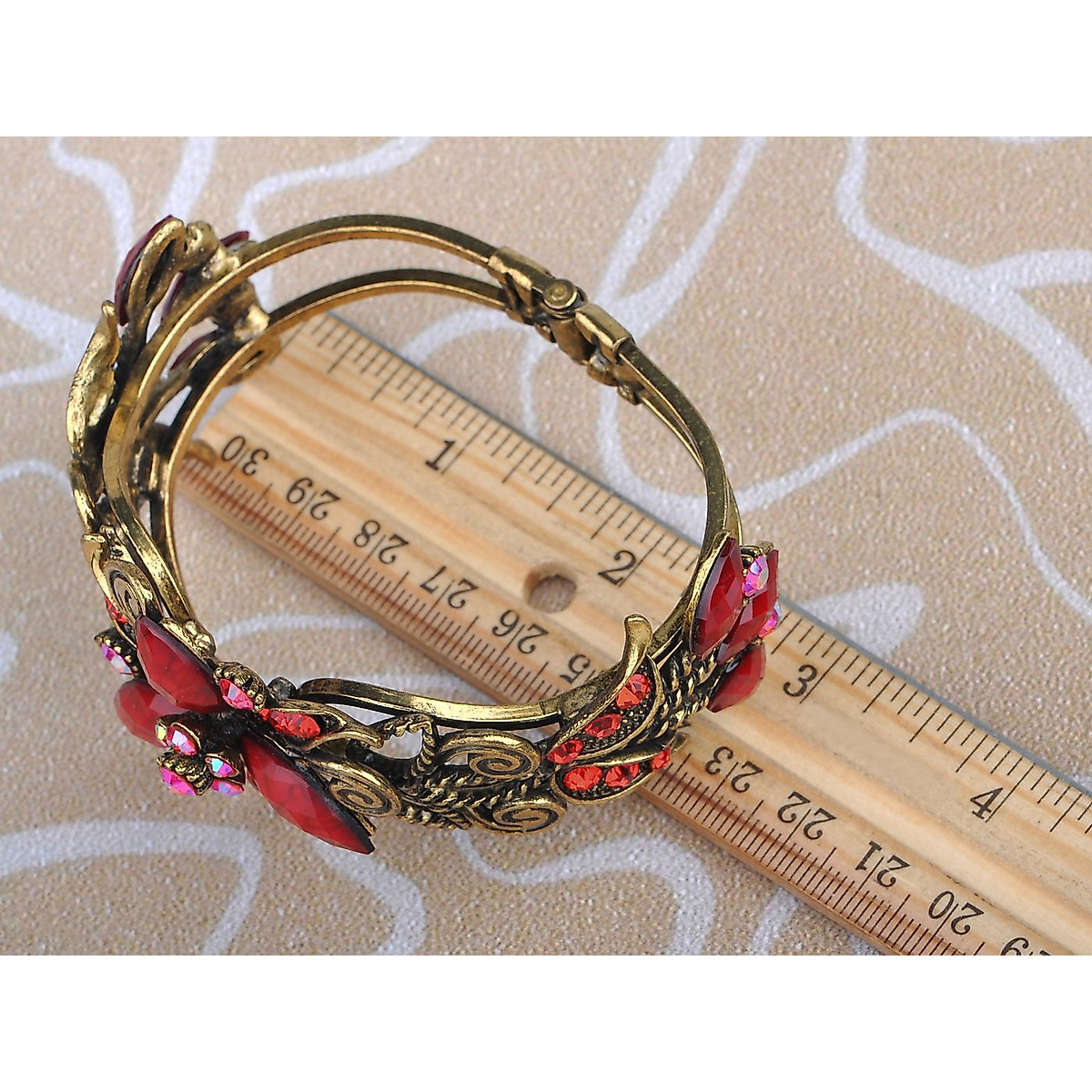 Alilang Womens Antique Golden Tone Red Rhinestone Floral Lily Poinsettia Flower Bangle Cuff Bracelet