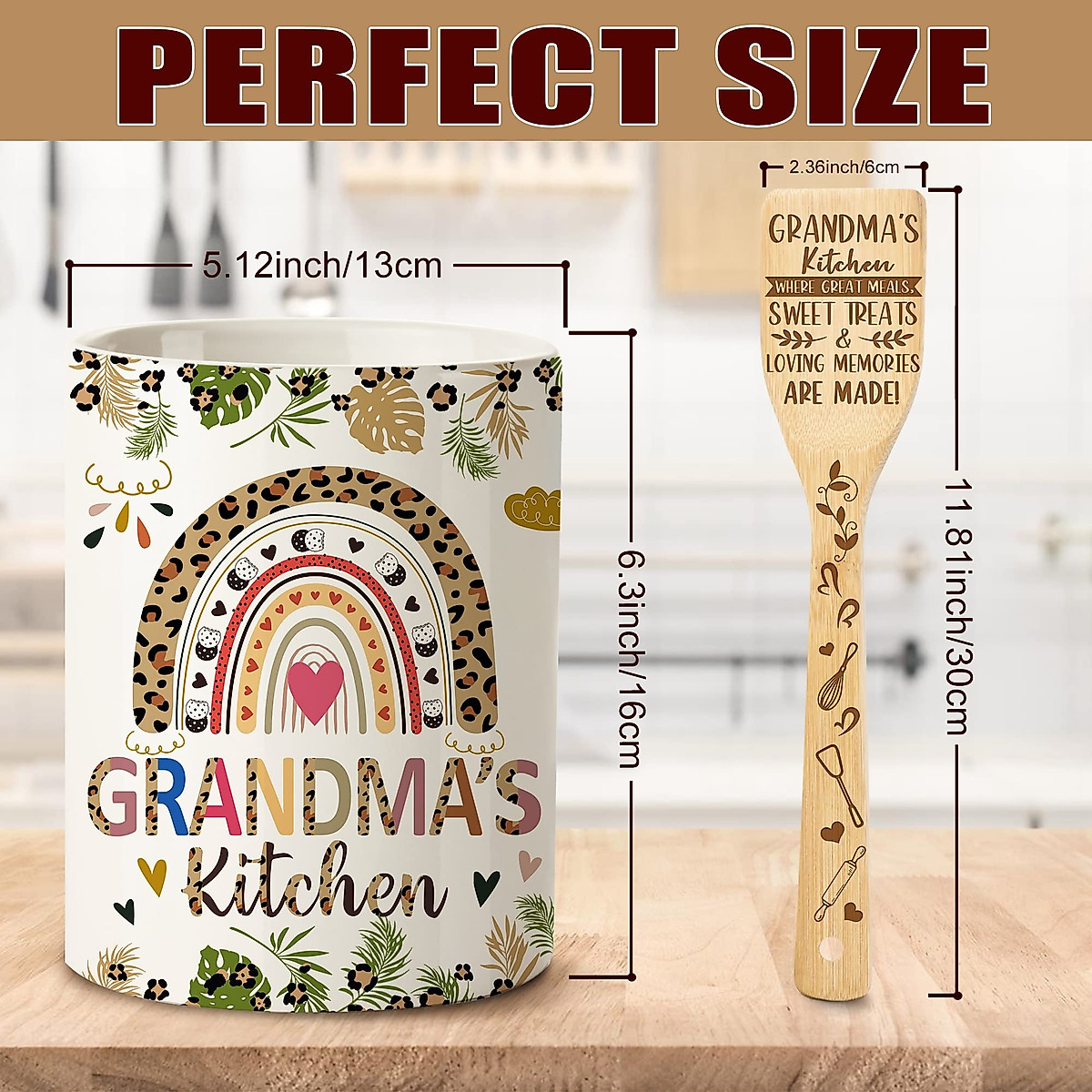 Rabbitable Gifts for Grandma, Ceramic Utensil Holder for Cooking with Wooden Spoons Mothers Day Gifts for Grandma, Grandma Mothers Day Gift Cooking Tools Kitchen Utensils Set with Wooden Spoons for 6
