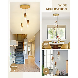 Emak Gold Pendant Light Fixtures, 3-Light Pendant Lights with Clear Glass Shade, Modern Farmhouse Hanging Lights for Kitchen Island, Dining Room, Bathroom, Bedroom, PL120-GD-CL