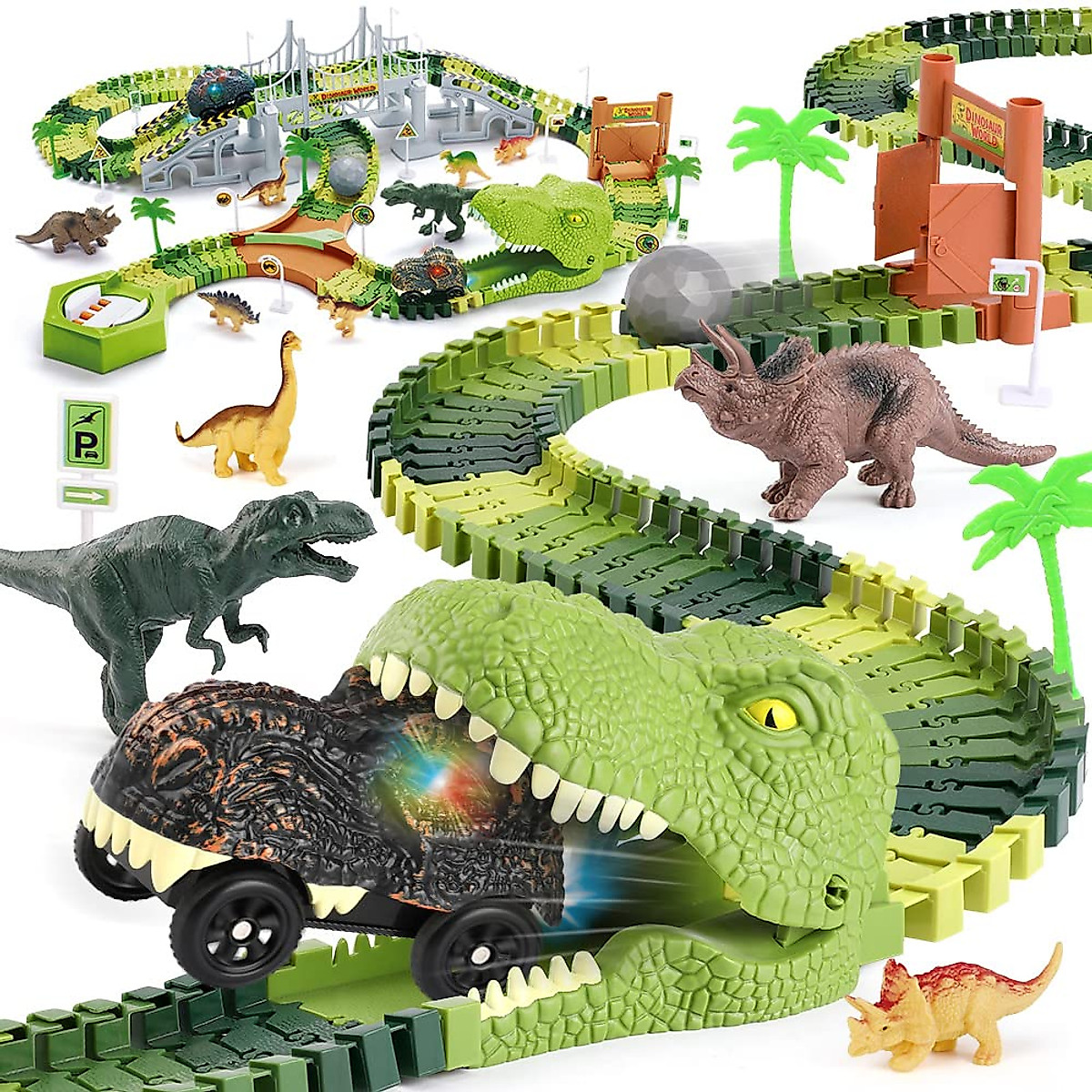 Dinosaur Toys Race Track,174pcs Flexible Track Set with 2 Dino Cars,Create a Dinosaur World Road Race,Include 8 Dinosaur Figurines,Jumbo Dinosaur Head,Dino Door & Bridge for Kids Toddlers Boys Girls
