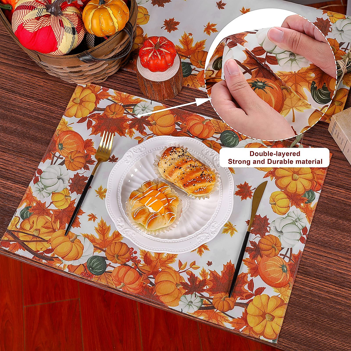 Ruisita 6 Pieces Fall Autumn Placemats 18 x 13 Inch Thanksgiving Placemats Table Mats Maple Leaves Pumpkin Placemat for Kitchen Decoration for Thanksgiving Parties Decoration