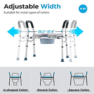 HEAO 3-in-1 Raised Toilet Seat, Adjustable Width/Height, Padded Seat with Splash Guard, Toilet Safety Frame, Shower Chair for Seniors, Handicap,Pregnant, 300 lbs