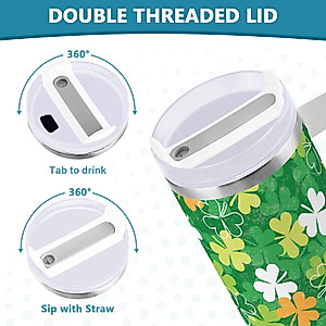 Bseiialft 40 oz Tumbler with Handle St Patrick's Day Shamrock Clovers Water Bottle with Lid and Straw Vacuum Insulated Cup Stainless Steel Travel Coffee Mug for Home Office Car