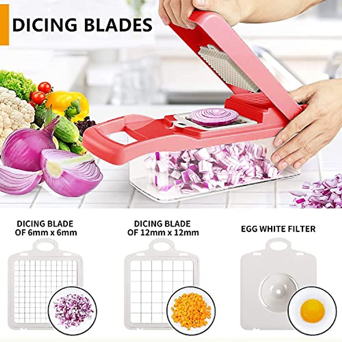 Artbros Vegetable Chopper Onion Chopper - 12 in 1 Multi-Functional Mandoline Slicer Vidalia Chop Wizard Veggie Fruit Dicer Cutter with Colander Basket and Container - Pink