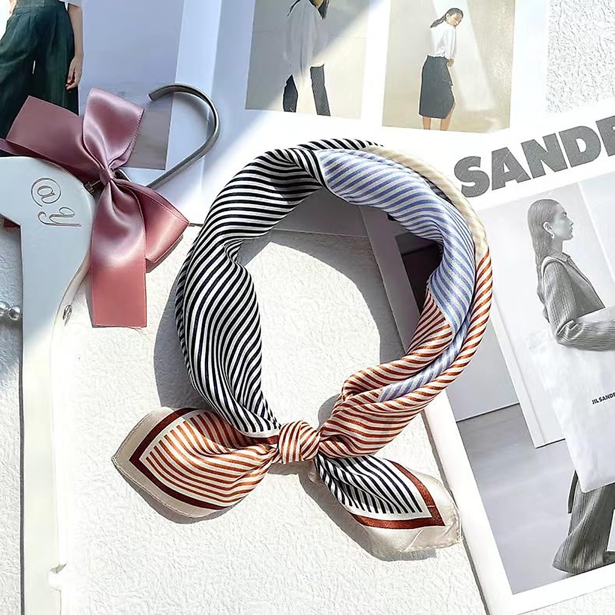 ANDANTINO 100% Pure Mulberry Silk Scarf -21” Lightweight Small Square Neckerchief – Breathable Digital Printed Scarves with Gift Packed (Contrast Color-Stripes)