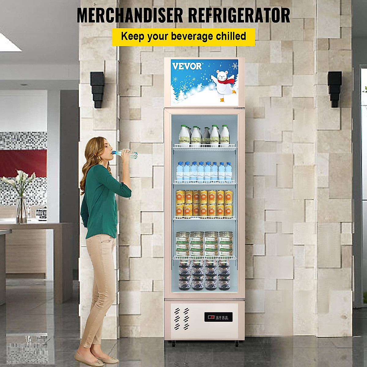 VEVOR Commercial Refrigerator,Display Fridge Upright Beverage Cooler, Glass Door with LED Light for Home, Store, Gym or Office, (11 cu.ft. Single Swing Door)