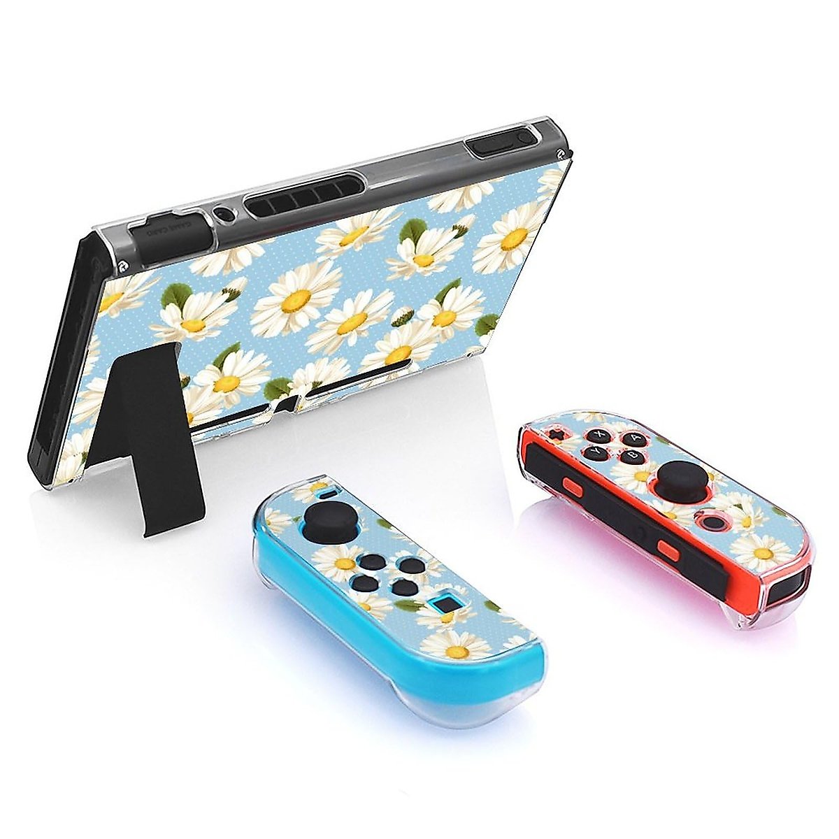 Camomile and Polka Dot Printed Protective Case Cover Compatible with Switch Game Console Controller with Holder Stand